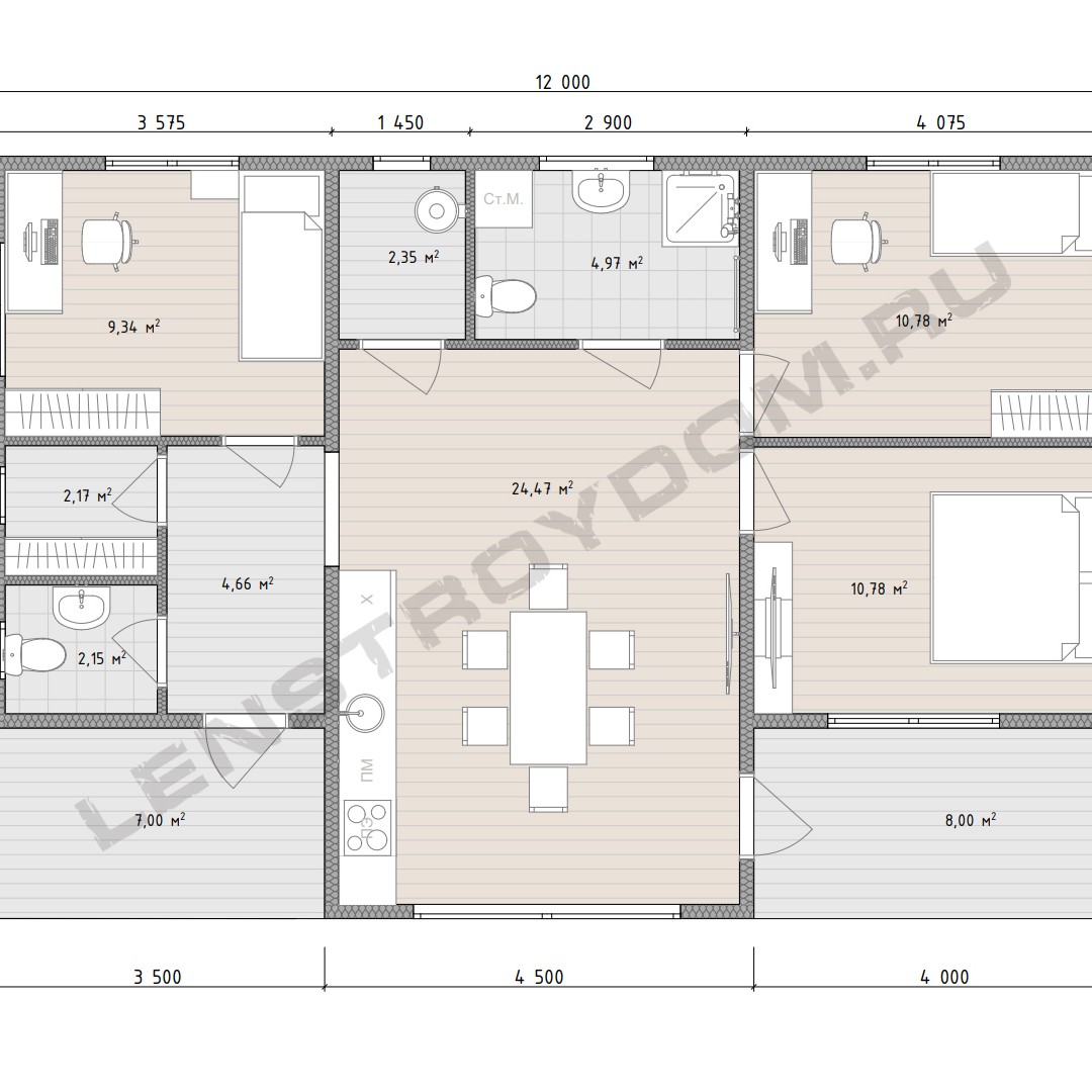 Проект одноэтажного каркасного дома «Лимузи» 12х8 м